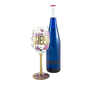 Top Shelf “Birthday Queen” Decorative Wine Glass ; Funny Gifts for Women ; Hand Painted Purple and Gold Design ; Unique Red or White Wine Glasses
