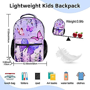 Lamtwbos Purple Butterfly Lavender Kids Backpacks for Girls Middle-School Elementary Bookbags 17 Inch Waterproof Lightweight Schoolbag for Kids