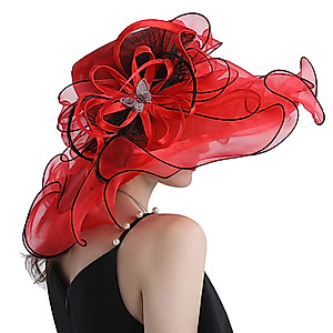 Go Mai Women Hats Organza Butterfly Decoration Wide Brim Occasion Event Kentucky Derby Church Dress Sun Hat Red