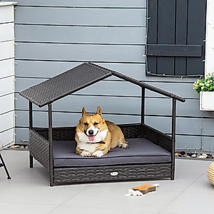PawHut Wicker Dog House Outdoor with Canopy, Rattan Dog Bed with Water-Resistant Cushion, Raised Dog Bed for Small, Medium Dogs up to 66 lbs, 19.75" in Length, Brown Wicker, Gray Cushion