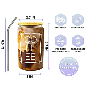 BFTETYU 16oz Iced Coffee Cup with Bamboo Lids and Straw, Beer Can Shaped Glass Mason Jar Cups, Coffee Glass Can Shaped Drinking Glasse, Cute Glass Cup for Boba, Water, Smoothie, Tea
