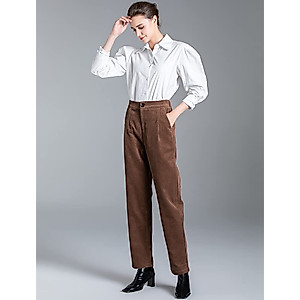 Minibee Women's Cropped Corduroy Pants Elastic Waist Retro Trouser with Pockets Brown