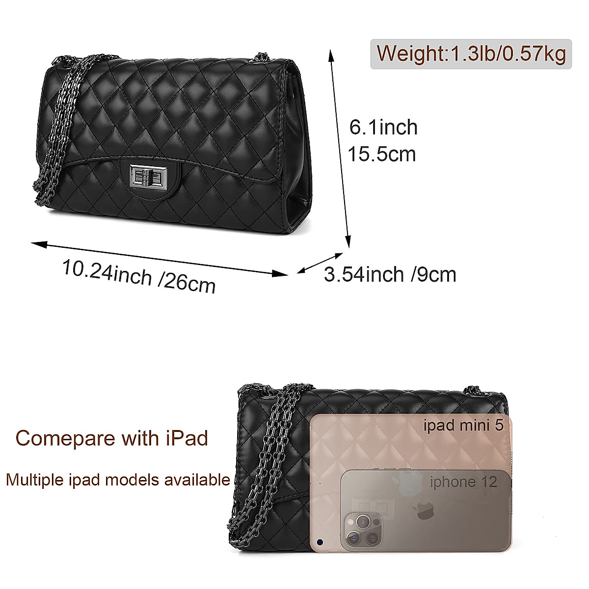 Gladdon Quilted Leather Crossbody Purse for Women Trendy Ladies Shoulder Bag with Chain Designer Purses Black