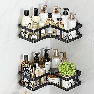 pavtner Corner Shower Caddy, Adhesive Stainless Steel Shower Shelf Shower Caddy, Corner Shower Shelves for Inside Shower, Shower Organizer Shelf With 8 hooks, Shower Storage Organizer Rack Black
