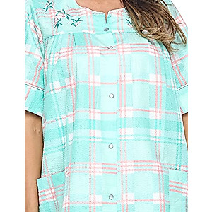 Casual Nights Women's Snap - Front House Dress Short Sleeve SeerSucker Woven Housecoat Duster Lounger Robe with Pockets, Plaid Mint, X-Large