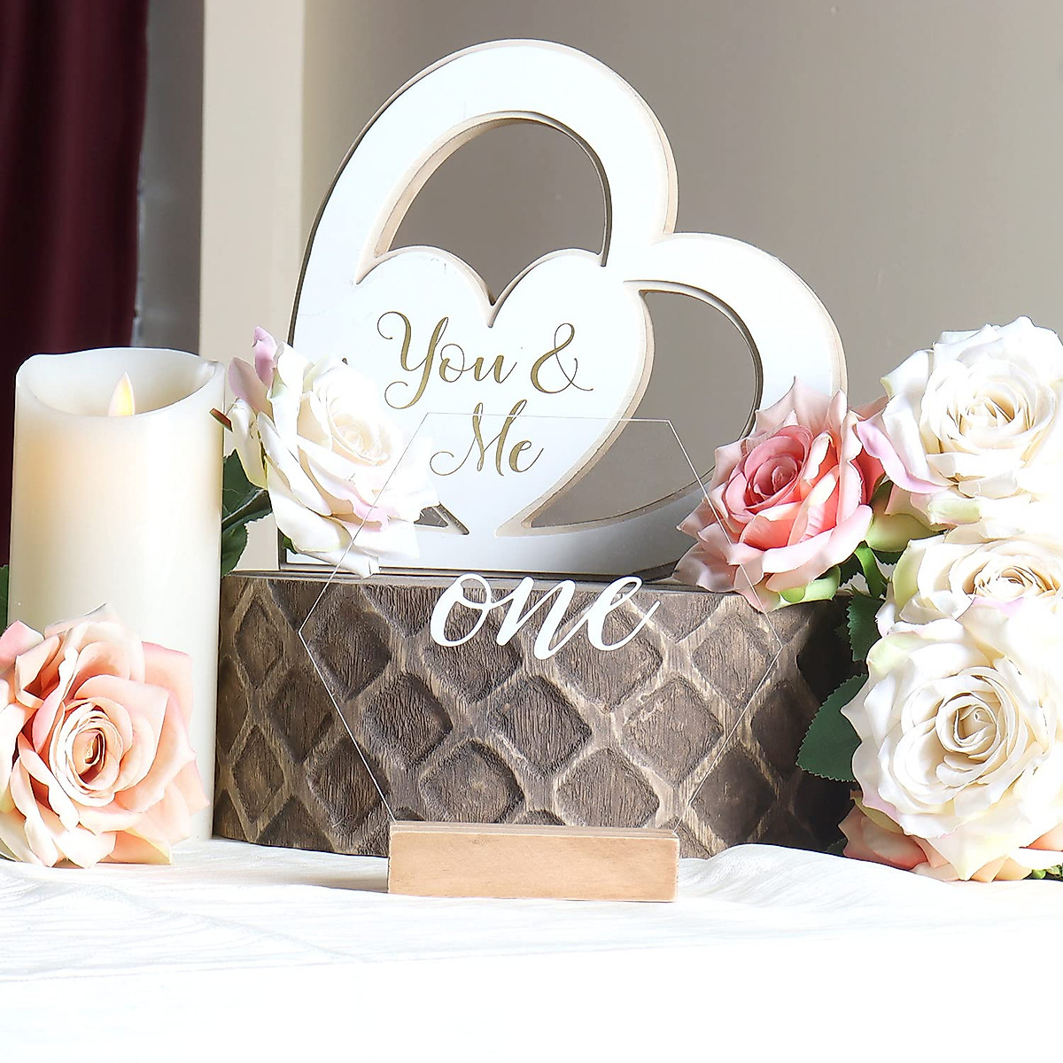 Hanna Roberts Modern Hexagonal Geometric Table Number Acrylic Signs with Wood Stands for Wedding Reception, Restaurant, Event Party, 5" x 1.5" x 5.9" (Cursive Geometric, Set of 10 (1-10))