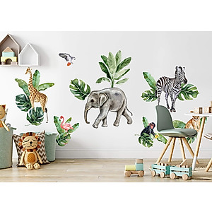 Murwall Kids Wall Decal Peel and Stick Safari Animal Wall Decals Cute African Animals Set Wall Sticker Zebra Giraffe Elephant Lion Leaves Sticker Kids Room Childroom