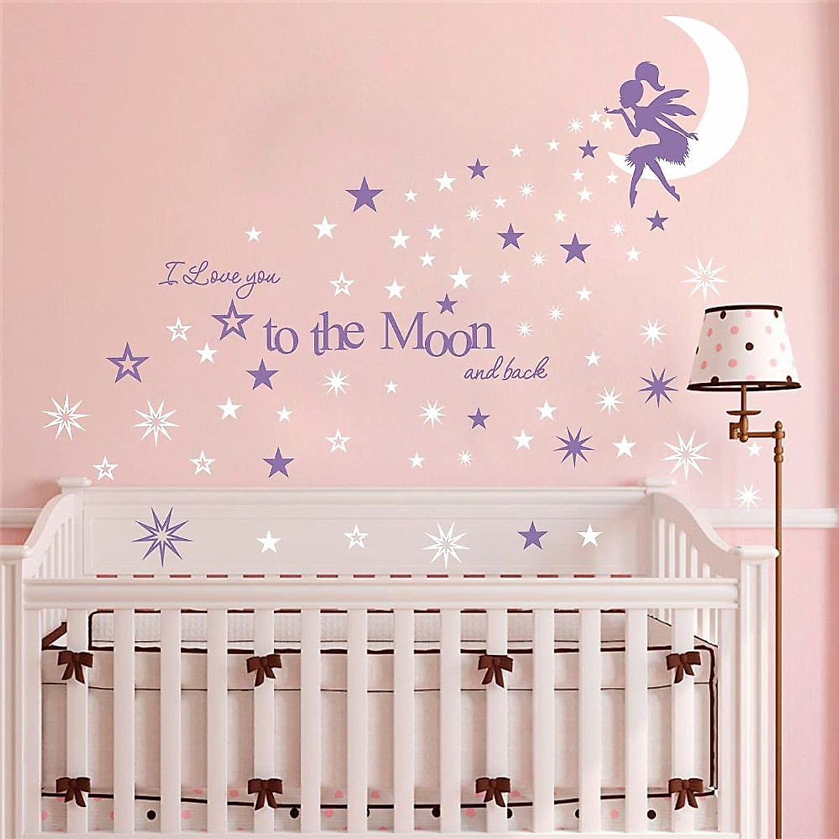 ANFRJJI Fairy Wall Decal "I Love You to The Moon and Back" Fairy Wall Sticker White moon and stars and purple elf fairy text and stars for Girl, Kids Bedroom Wall Decals, Nursery Decor JWH165 (purple