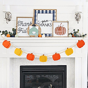Fall Decor-Fall Decorations for Home-Felt Pumpkins Wood Bead Garland for Fall Decor- Halloween Thanksgiving Farmhouse Felt Pumpkins Banner for Fireplace Mantel Walls