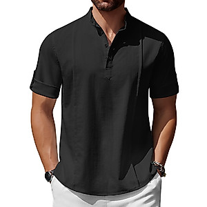 COOFANDY Men's Henley T-Shirts Short Sleeve Casual Band Collar Black Shirts Fashion Linen Tee Summer Beach Hippie Party Wear