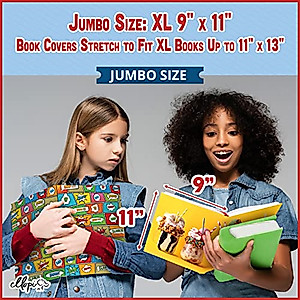 Fun Design, Easy Apply Book Covers 3 Pack. Stretchable Jumbo Jackets Fits Most Hardcover Textbooks Up to 9 x 11". Adhesive-Free, Nylon Fabric Protectors. Washable and Reusable Student School Supply