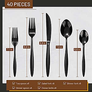 PUREAIN Silverware Set, 40 Pieces Flatware Set for 8, Anti-rust Stainless Steel Cutlery Set Including Fork Spoon and Knife, Dishwasher Safe, Black
