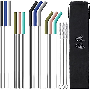 12-Pcs Reusable Metal Straws with Silicone Tips, Stainless Steel Drinking Straws with 3 Cleaning Brushes & 1 Portable Bag- Perfect for 30 oz and 20 oz Tumblers