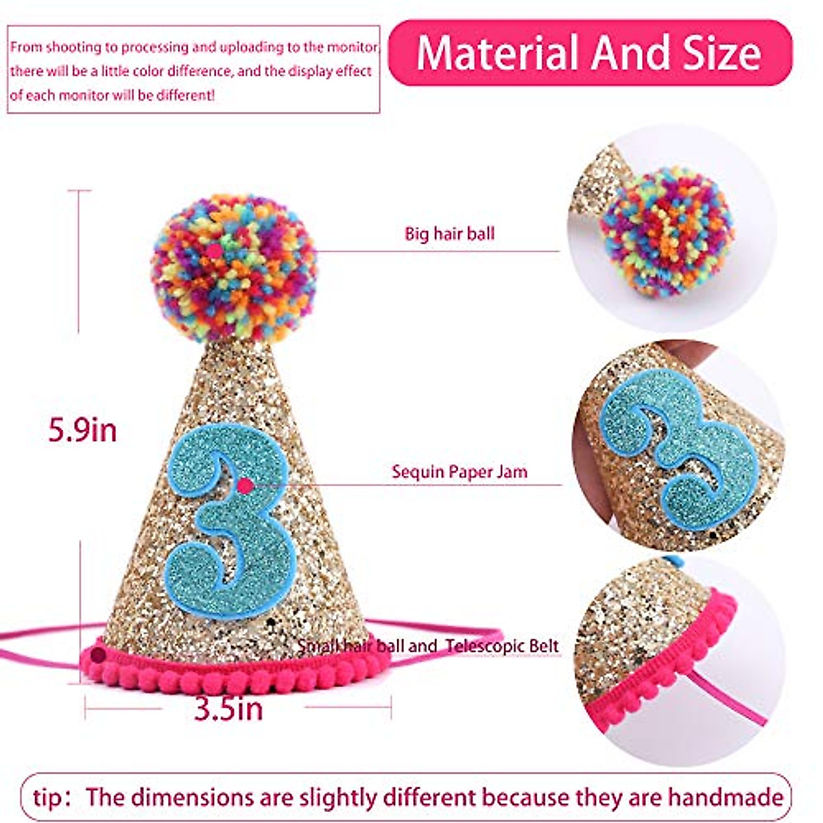 Baby's Cone Hat for 3rd Birthday Celebration - Colored Fur Balls Glitter Crown Cap with Handmade Details for Girls/Boys