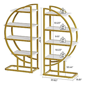Vrullu Gold Bookshelf Set of 2, 4-tirer Storage Shelves with Steel Frame, Half Moon Display Bookcase Standing Organizer, Decorative Book Shelf with Adjustable Feet for Living Room, Hallway