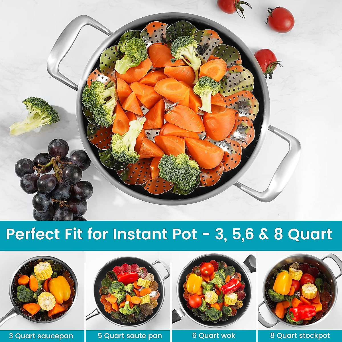 DELUXE Vegetable Steamer, Collapsible and Expandable Stainless-Steel Steam Insert Rack for Steaming Food, Compatible with Instant Pot and 3, 6, 8 Qt Cooking Pan (Small, 5.3 to 9.5 Inches)