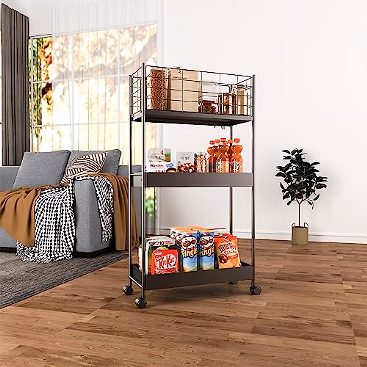 FANSPRO Slim Storage Cart, 3 Tier Metal Utility Cart with Wheels, Mobile Rolling Kitchen Cart Slide Out Narrow Storage Cart for Laundry Room Bathroom Small Spaces, Black