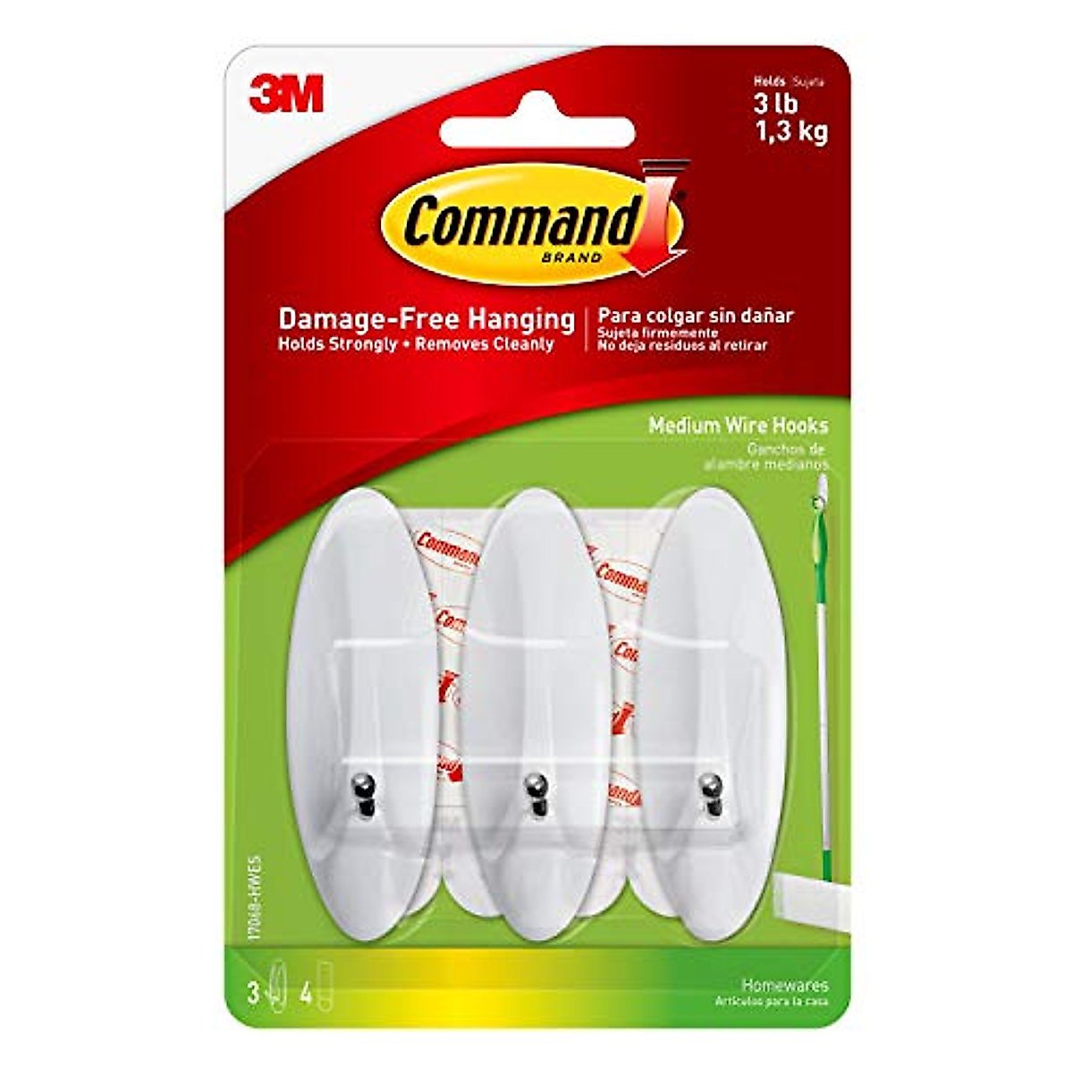 Command Medium Wire Hooks, White, Indoor Use, 3-Hooks, 4-Strips, Organize Damage-Free