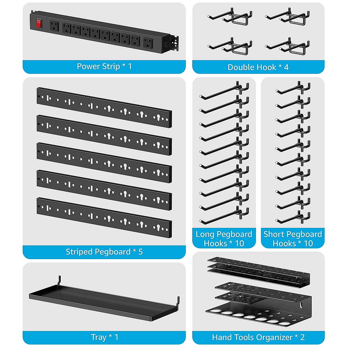 CCCEI 5PCS Individual Pegboard Strip with Power Outlet. Garage All Metal Wall Mount Mini Black Peg Board Set, for Drill and Tools Battery Holder Kit, Cleaning Supplies Cabinet Organizer. Gift for Men