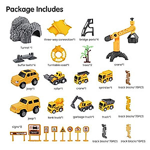 TUMAMA 258pcs Construction Race Track Vehicle Toys for Boys and Girls with 2 Electric Cars,STEM Building Bendable Race Cars Trucks Track Sets for Toddlers 3 4 5 6 Years Old