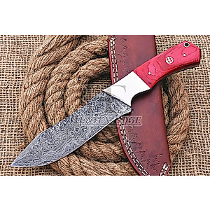 HUNTEX Handmade Hand-Forged Ladder Pattern Damascus Steel 10 Inch Long Full Tang Pakka Wood Handle Razor Sharp Hunting Camping Big Game Hunter Knife w/Genuine Leather Pouch