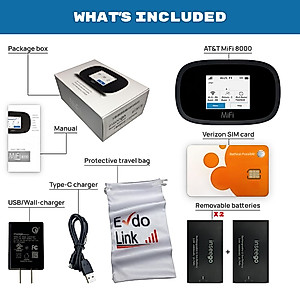 AT&T Wireless Hotspot WiFi Device 4G LTE MiFi 8000 | Global 4G Cat18 LTE | Up to 1 Gbps | EVDO-LINK Bundle for Mobile Hotspot Device | with SIM Card and Extra Battery