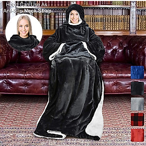 Tirrinia Sherpa Hood Wearable Blanket for Adult Women and Men, Super Soft Comfy Warm Plush Throw with Sleeves TV Blanket Wrap Robe Hoodie Cover for Sofa, Couch 72" x 55" Black