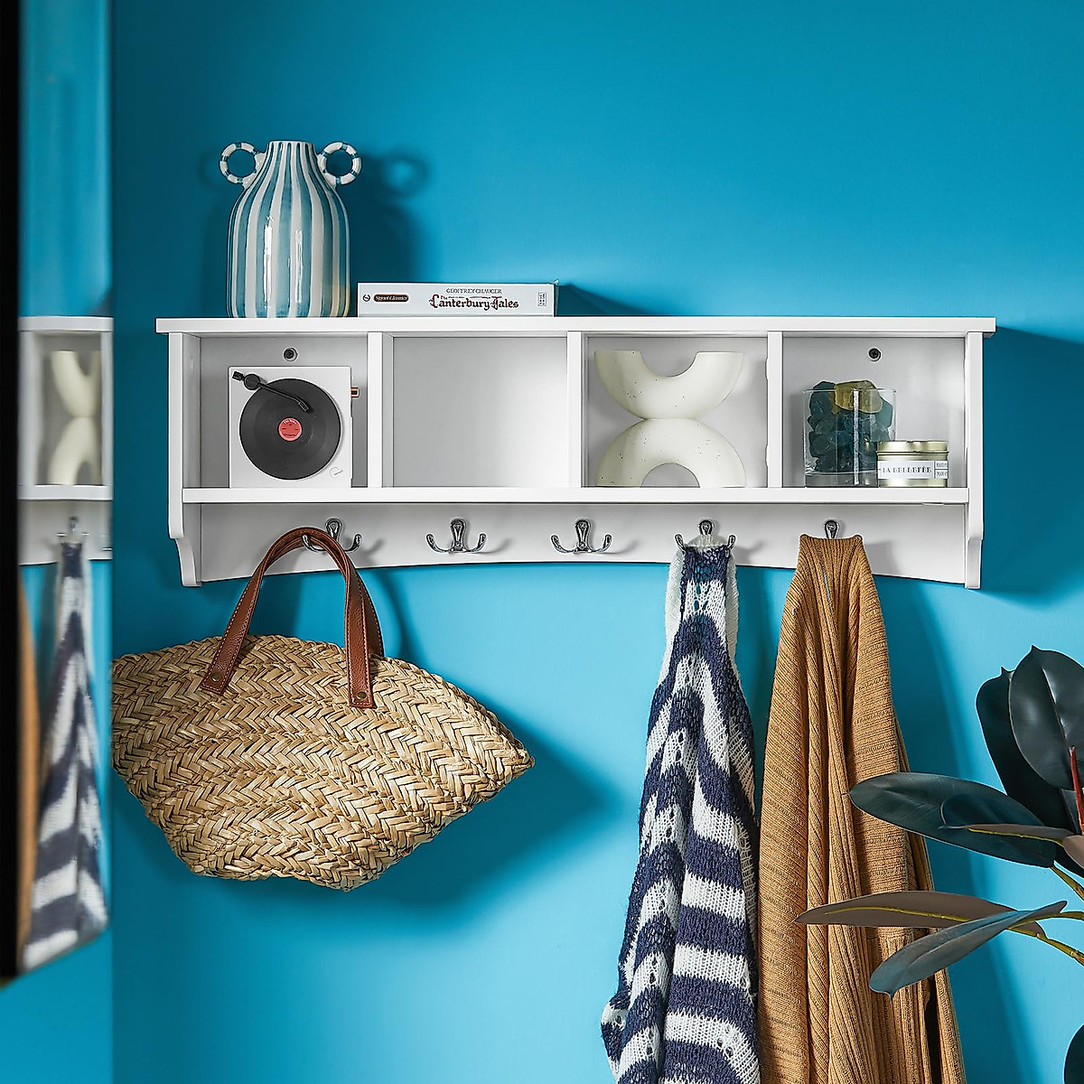 Haotian White Wall Shelf with Coat Hooks, Wall Coat Rack Entryway, Display Storage Unit with 4 Components 5 Bathroom Kitchen Cupboard, FRG48-L-W