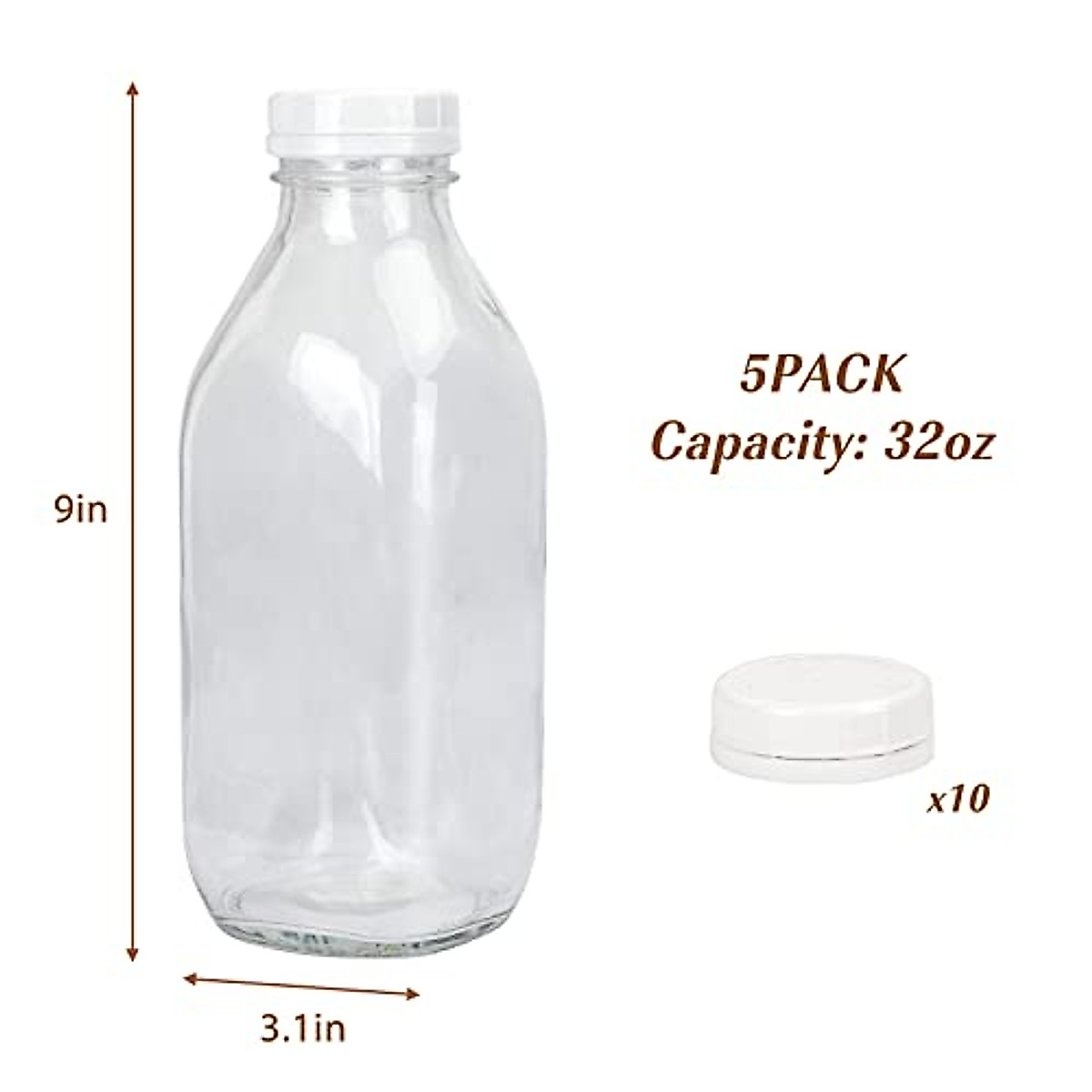 Moretoes 5pcs 32oz Glass Milk Bottles with Lids Glass Juice Bottles Reusable Clear Containers for Milk Juice Milkshake Honey Jam