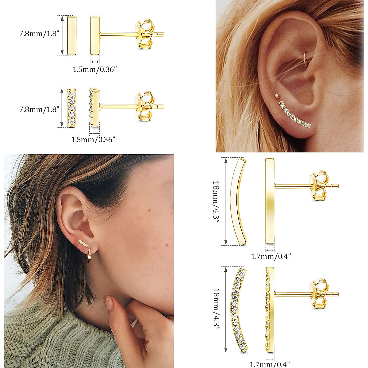 FIBO STEEL 8 Pairs Stainless Steel Star Bar Stud Earrings for Women Cute CZ Stud Earring Set Gold