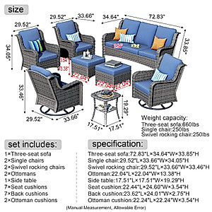 Patio Furniture Outdoor Swivel Rocking Chairs All Weather Wicker 8 PCS Patio Sofa Conversation Set with Chairs and Ottomans for Deck Garden Backyard,Grey Rattan Denim Blue