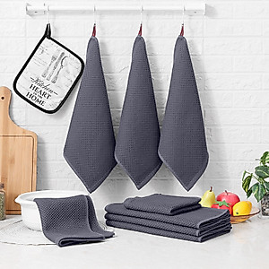 Homaxy 100% Cotton Kitchen Towels and Dishcloths Set, 12 x 12 Inches and 13 x 28 Inches, Set of 8 Bulk Kitchen Towels Set, Ultra Soft Absorbent Dish Towels for Washing Dishes, Dark Grey