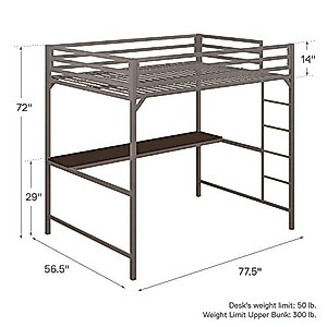 DHP Miles Metal Full Loft Bed with Desk, Silver