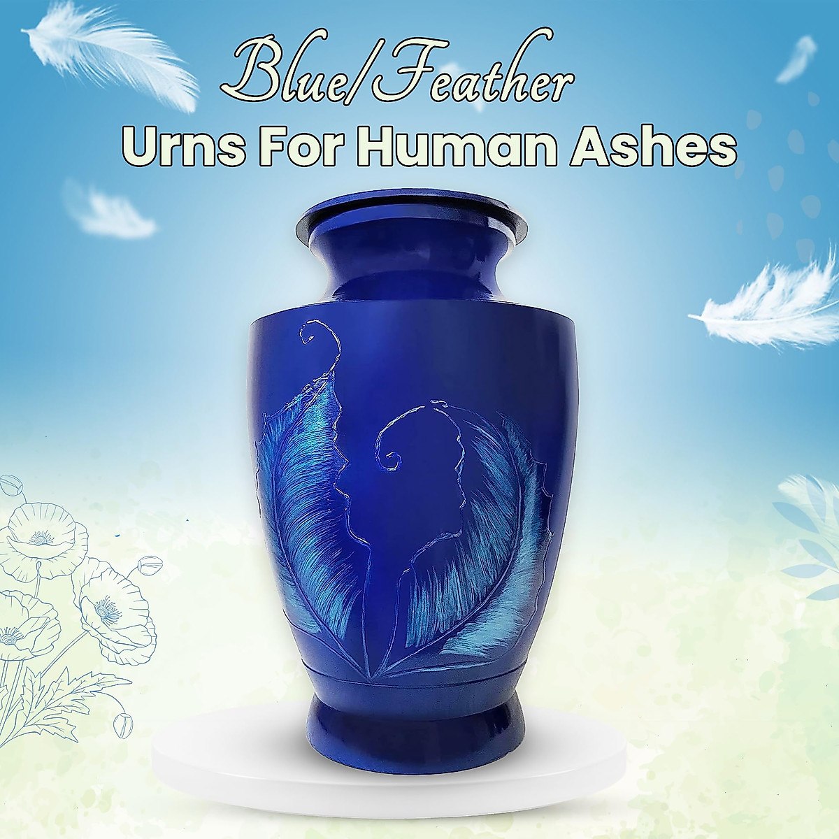 Blue Feather Cremation Urn for Human Ashes, Urns for Adult Ashes, Funeral & Burial Urns for Adult Male and Female, Large Size up to 220 Lbs