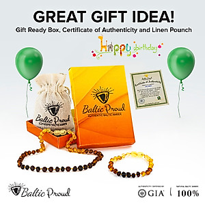 Baltic Proud Amber Necklace and Bracelet Gift Set (Unisex Rainbow Raw 12.5 Inches/5.5 Inches) - Certified Premium Quality Raw Baltic Sea Amber