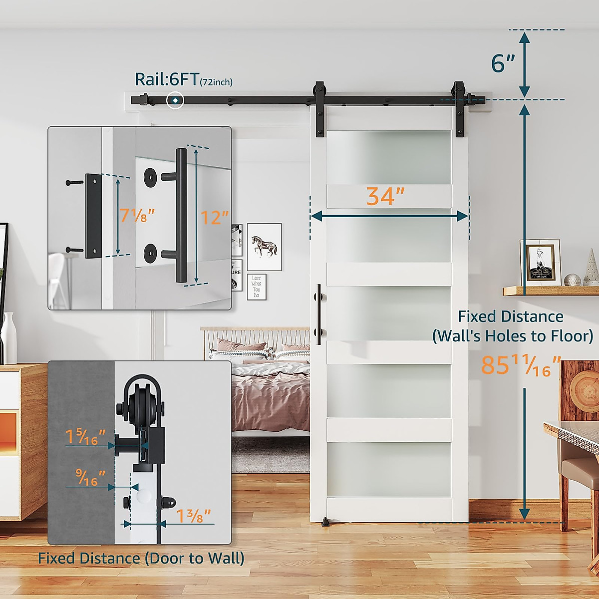 ALAMEDADT 34'' x 84'' Glass Barn Door and 6 Ft Hardware Kit Included, MDF White Barn Door Slab with Frosted Glass, PVC Surface, Combined with Handle and Floor Guide-Assembly Required, White
