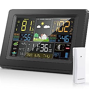 Weather Station Wireless Indoor Outdoor Thermometer with Atomic Alarm Clock, NUSICAN Temperature Alert Humidity Weather Monitor, Digital Color Forecast Station with High Precision Sensor