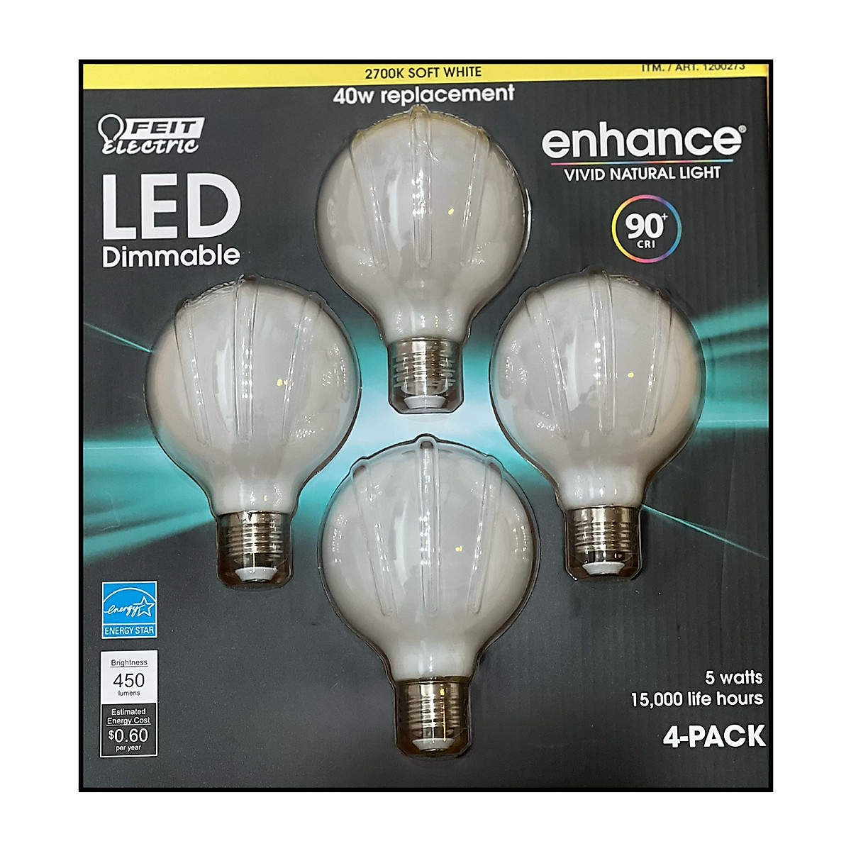 Feit Enhance 90+ CRI 40W Replacement Dimmable 2700K Soft White G25 Globe LED Light Bulbs, 4-Pack
