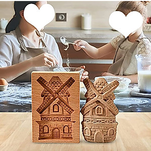 Carved Wooden Cookie Mold Kitchen Cookie Cutter Gingerbread Cookie Stamp Biscuit Press Stamp Molds Pine Cones Provence Rose Cookie Cutter for Cookie Stamp (Windmills)