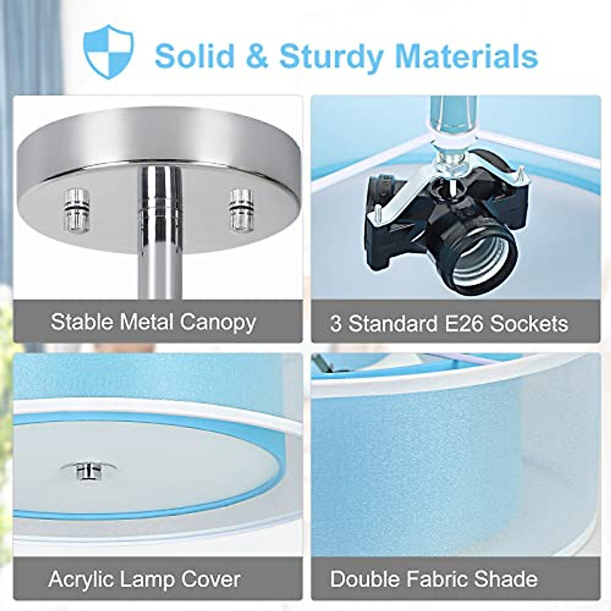 DLLT 3-Light Semi Flush Mount Ceiling Light Fixture, 15'' Blue Drum Light Ceiling Hanging with Double Fabric Shade, Modern Close to Ceiling Lamp for Living Room Bedroom Kitchen Dining Room Entry Foyer