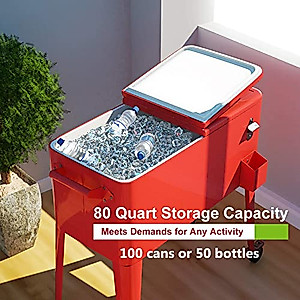 Giantex 80 Quart Rolling Cooler Cart, Steel Patio Cooler with Locking Wheels, Bottle Opener, Drain Plug, Outdoor Beverage Bar Cooler Trolley Ice Chest for Party Cookouts Backyard BBQ (Red)