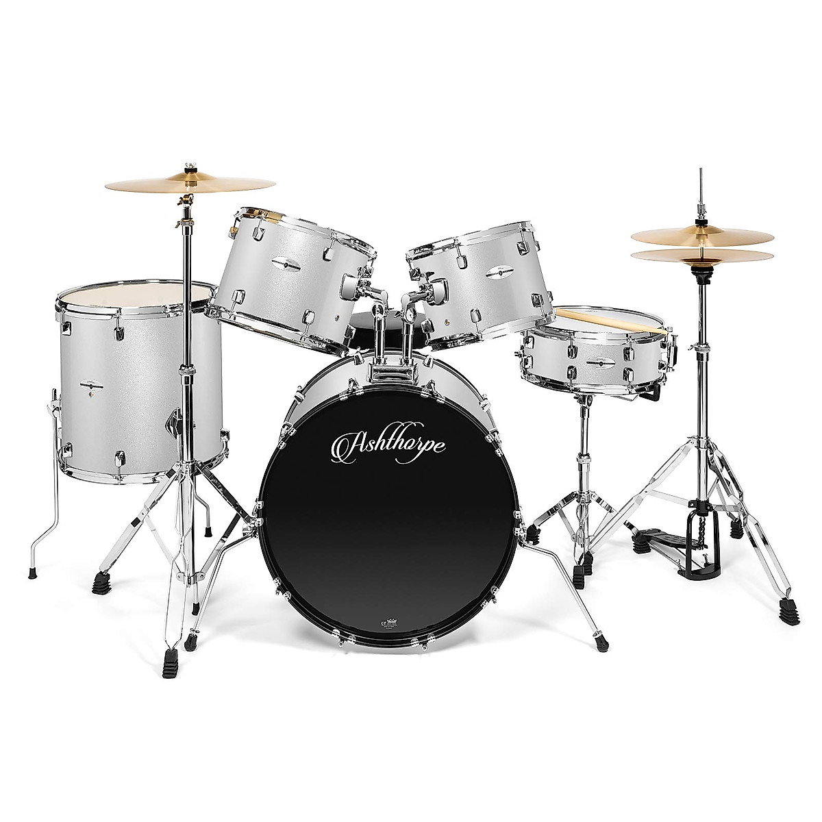 Ashthorpe 5-Piece Full Size Adult Drum Set with Remo Heads & Premium Brass Cymbals - Complete Professional Percussion Kit with Chrome Hardware - Silver