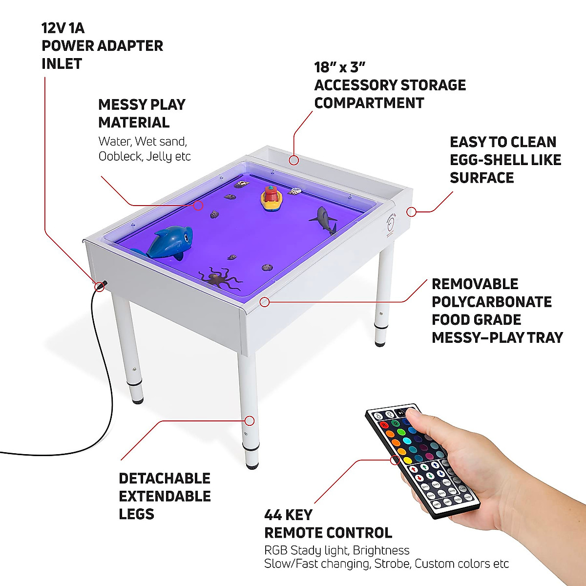 Water Sensory Light Play Activity Box Table for Children Removable Legs Montessori Waldorf Reggio Toys Sand Messy Play Homeschooling Pre-K Toddler Teen 3 4 5 to 9 Years (Eggshell white)