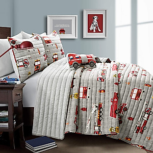 Lush Decor Fire Truck Quilt 4 Piece Set, Full/ Queen, Red & Gray - Reversible Stripe Print Bedding Set for Kids Room