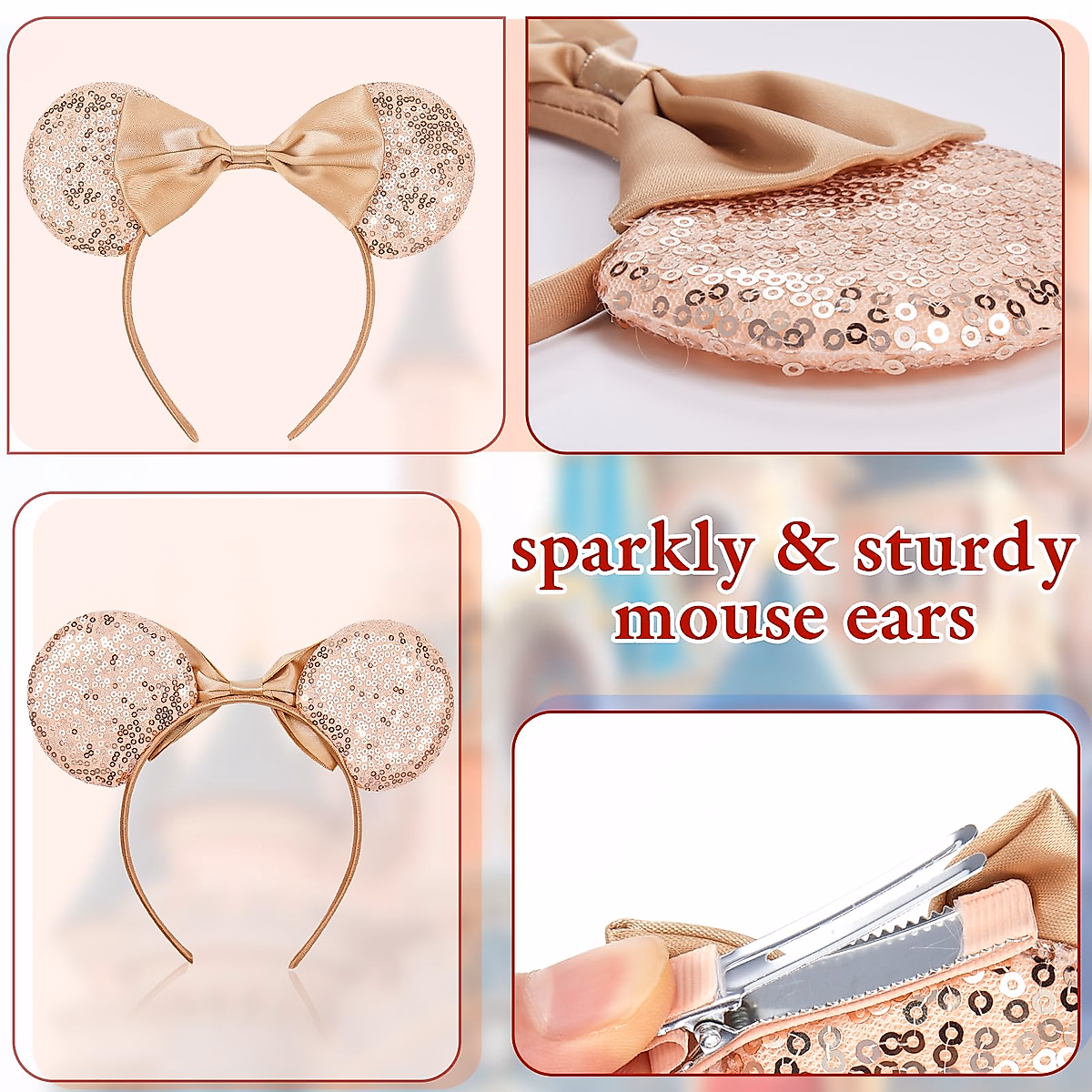 Akkya Ears Headband Hair Clips Accessories for Women Girl Kid Adult Birthday Party Princess Park Costume Mini Bow Present Glod