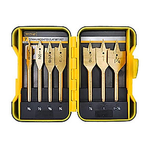 Werktough 7Pcs Wood Flat Drill Bit Set Spade Drill Bit Set Spade Wood Drill Titanium Plated in Hard Plastic Case