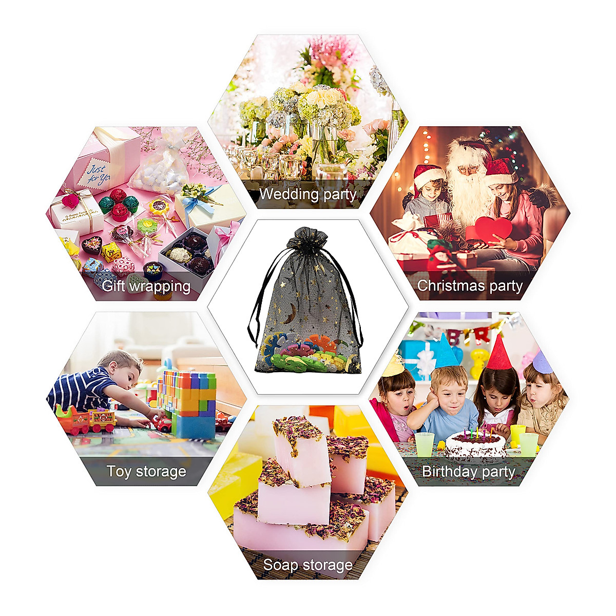 Jexila 100PCS Black Organza Bags 5''X7'' Moon Star Pattern Mesh Jewelry Gift Bags with Drawstring for Wedding Party Favor Small Candy Bags