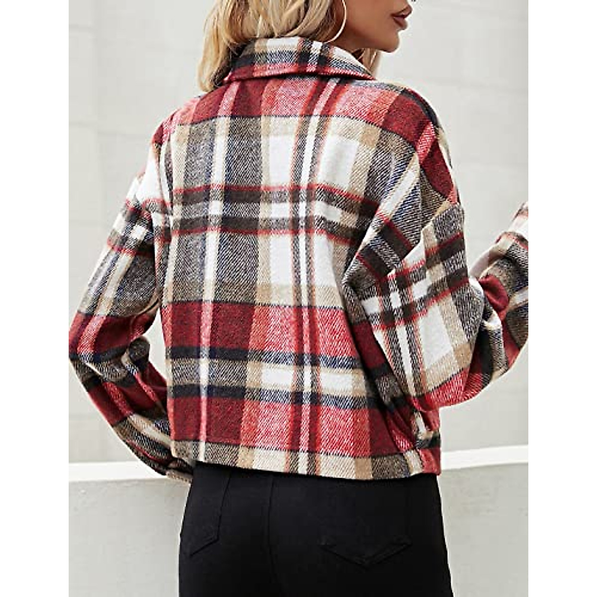 UANEO Womens Cropped Plaid Shacket Brushed Button Down Casual Flannel Shirt Jacket (Red, Large)