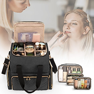 LUXJA Large Travel Makeup Bag with 3 Removable Cases, Cosmetic Bag with Detachable Dividers (Patent Pending), Black