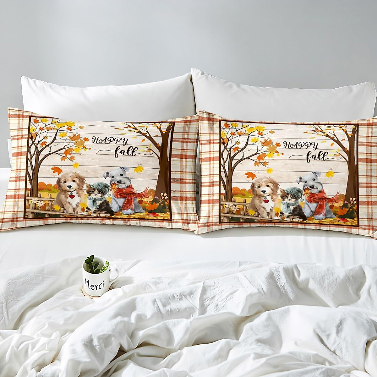 Castle Fairy Happy Fall Plaid Bed Sheet Set for Boys Girls,Cute Dog Cat Animals Halloween Bed Sheet Set Full Size Bedding Set,Maple Leaves Retro Check Geometric Fitted Sheet and 1 Flat, 2 Pillow Sham